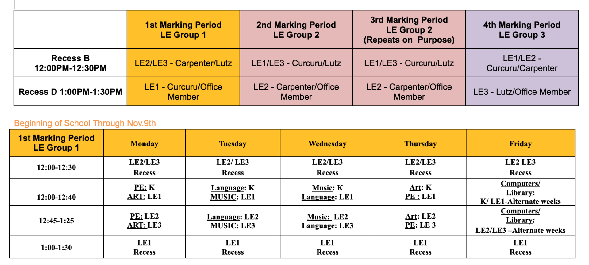 Specials Schedules (By Marking Period) – LE1 - Ms. Curcuru – Bucks ...