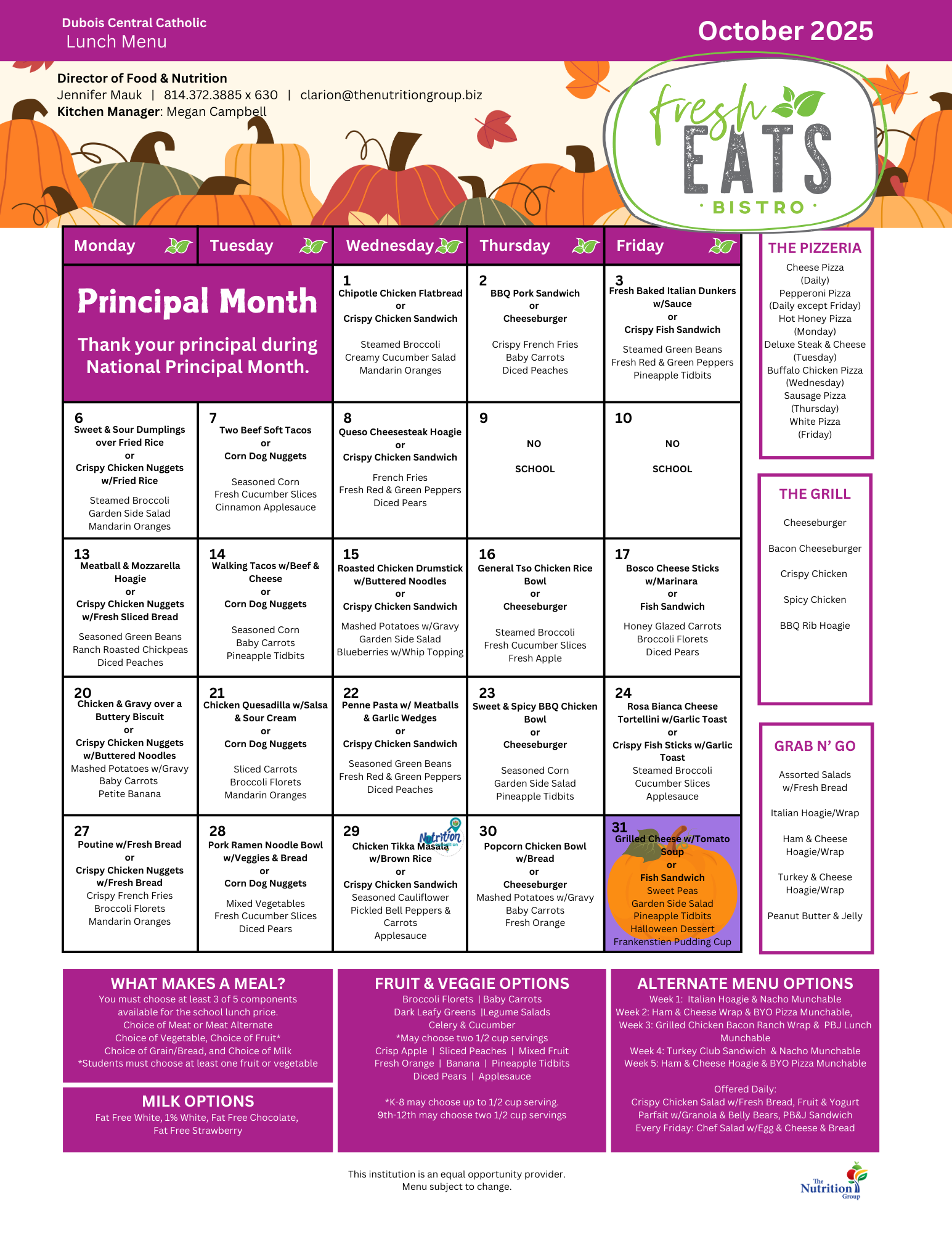 Lunch Menu – Cafeteria – DuBois Central Catholic