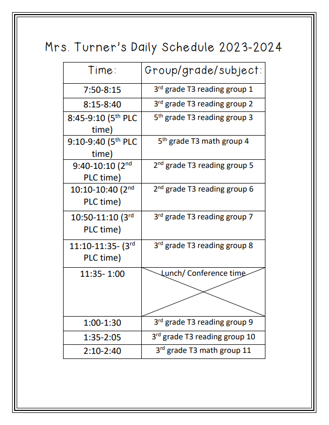 Class Schedule – Mrs. Heather Turner – San Jacinto Elementary