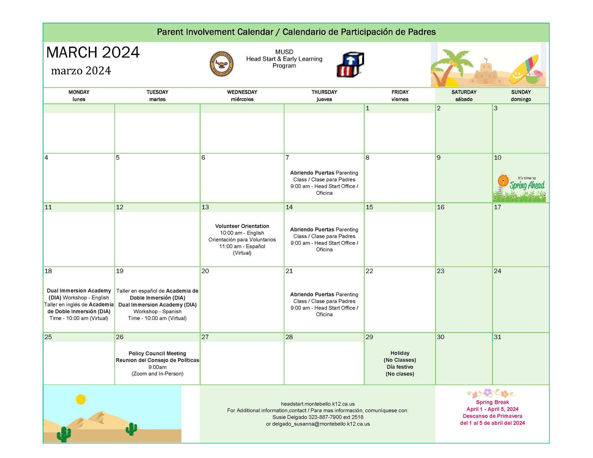 Parent Participation Calendar and Parent Events – Parents – Head Start ...