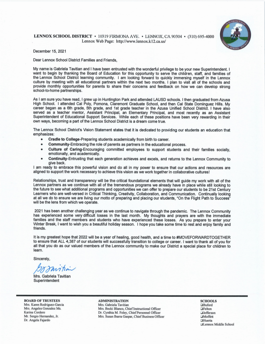 Superintendent's Message - Superintendent's Office - Lennox School District