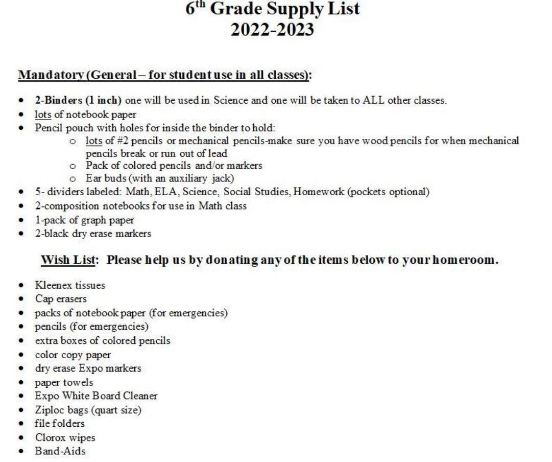 6th Grade Supply List Lauren Takacs Christiana Middle School 6th Grade Supply List Lauren Takacs Christiana Middle School