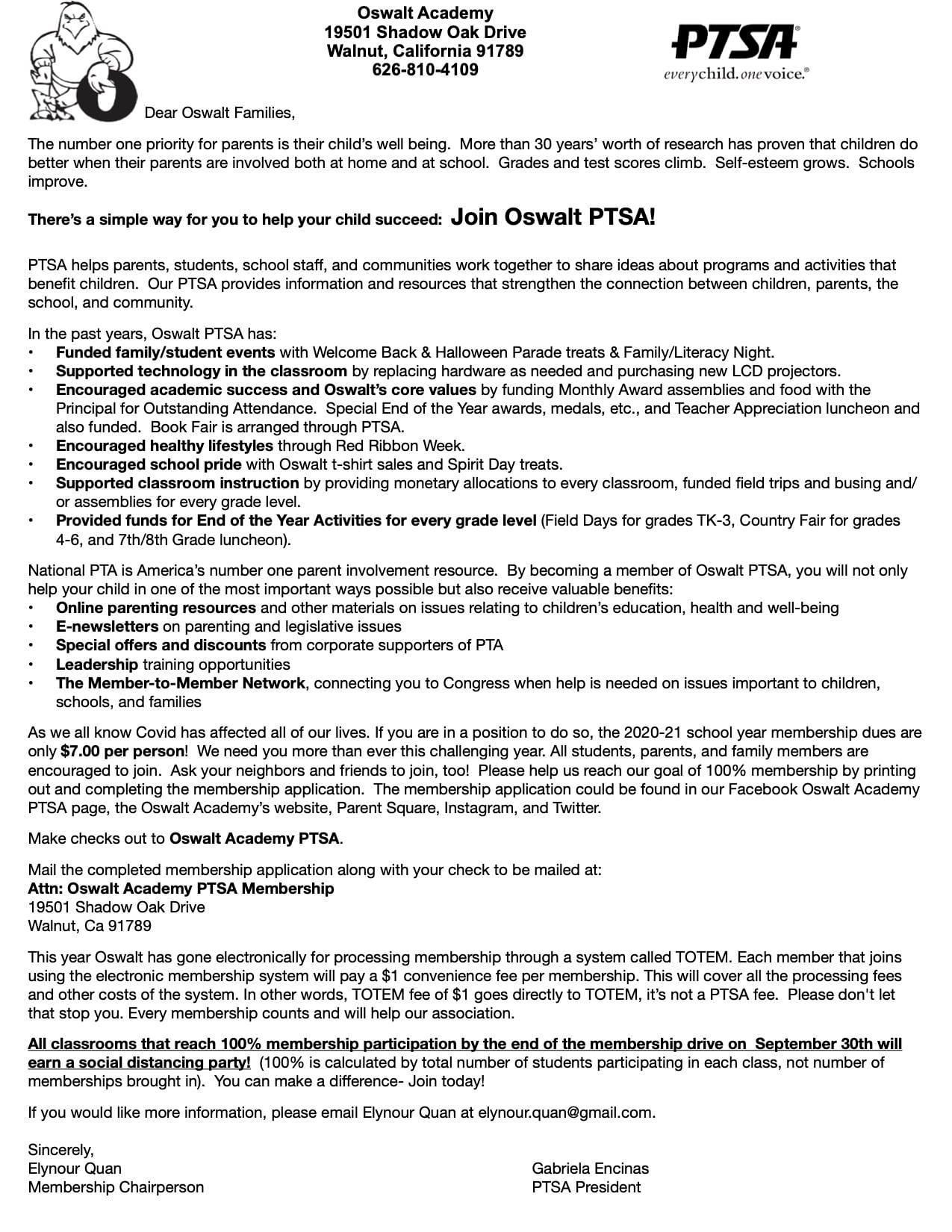 PTSA Membership Drive | Stanley G. Oswalt Academy