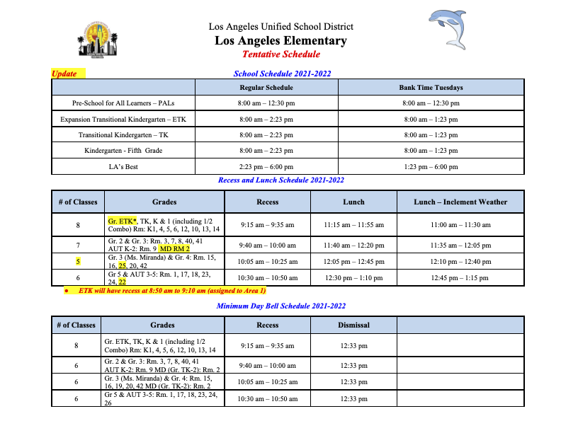 Bell Schedule – Our School – Los Angeles Elementary School
