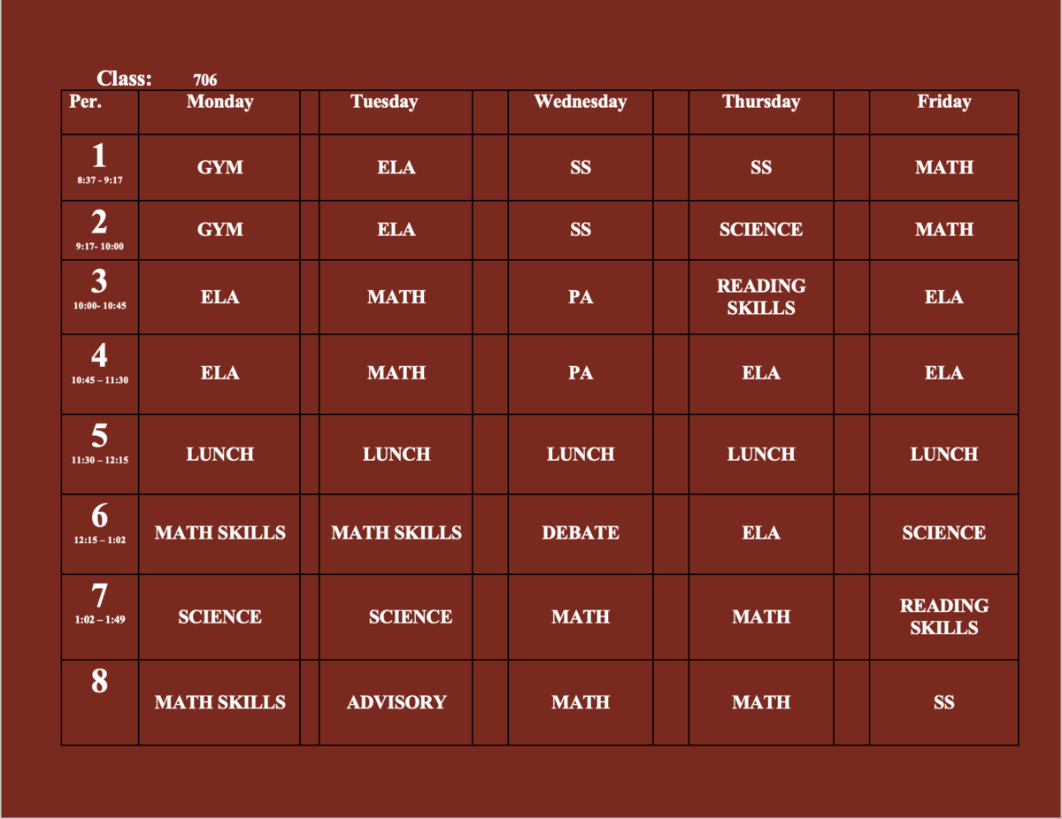 7th Grade Class Schedules – 7th – JHS 292 Margaret S. Douglas