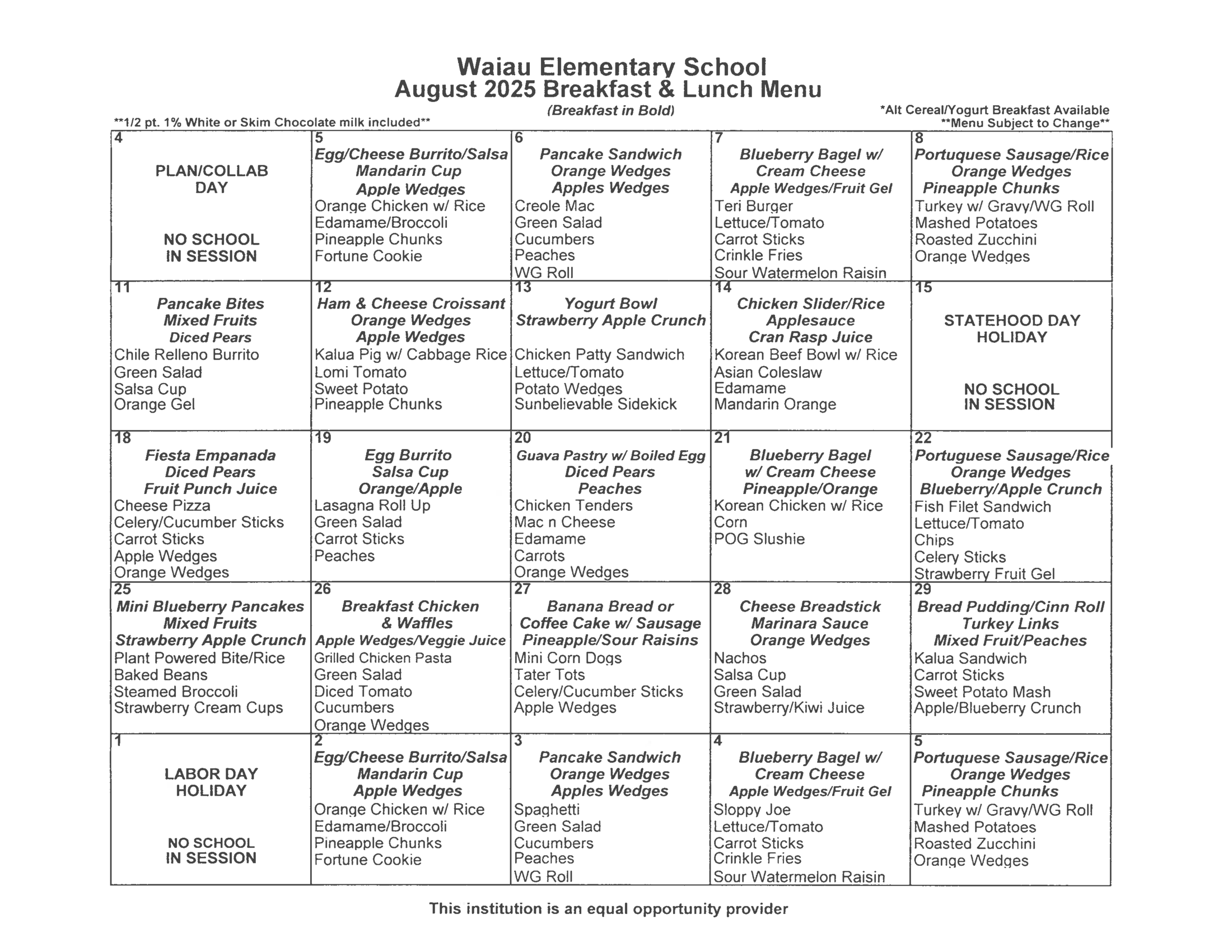 Lunch Menu – School Meal Program – Waiau Elementary School
