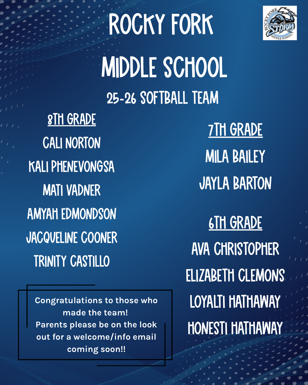 Roster – Softball – Rocky Fork Middle School