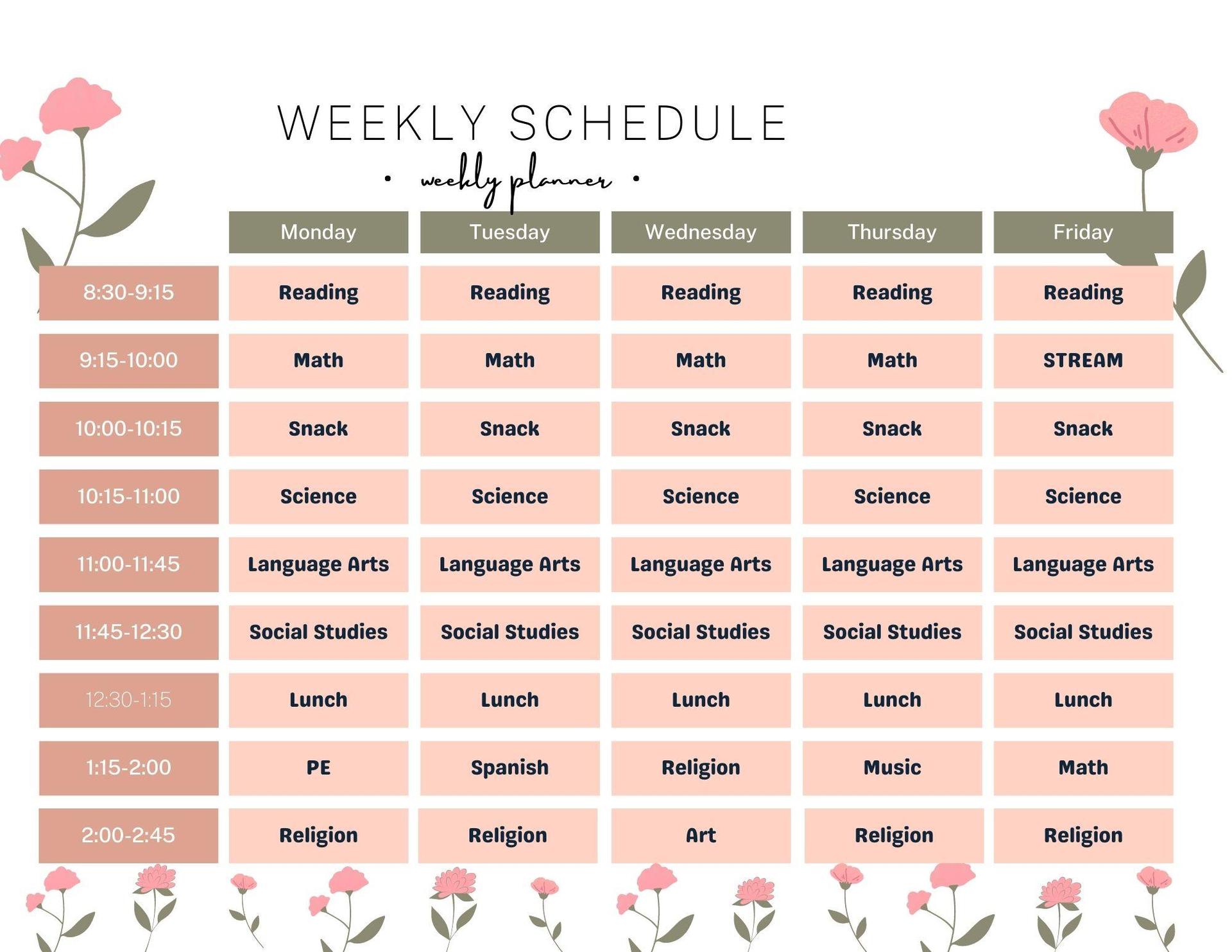 Weekly Schedule – Brielle Beites – Academy Of Our Lady