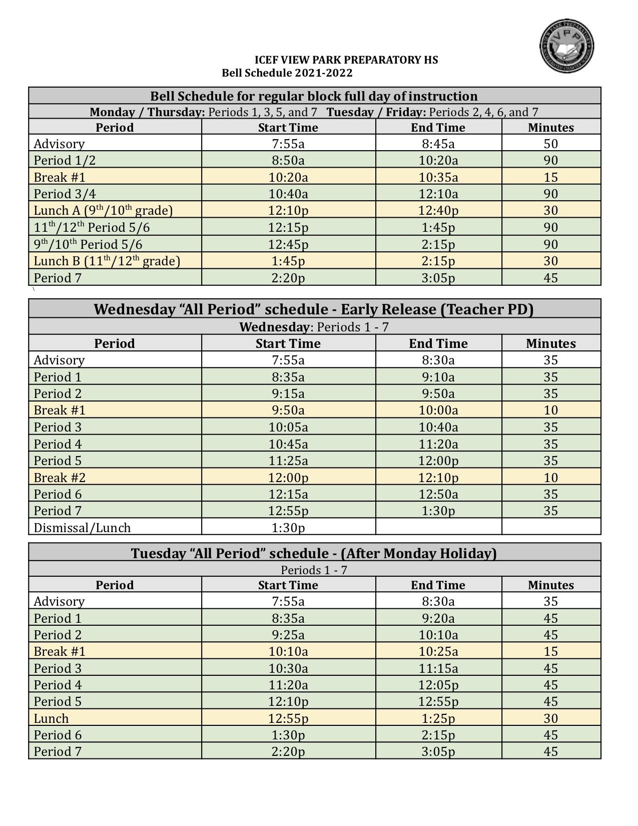 Bell Schedule – *VPHS Main Page – Inner City Education Foundation ...
