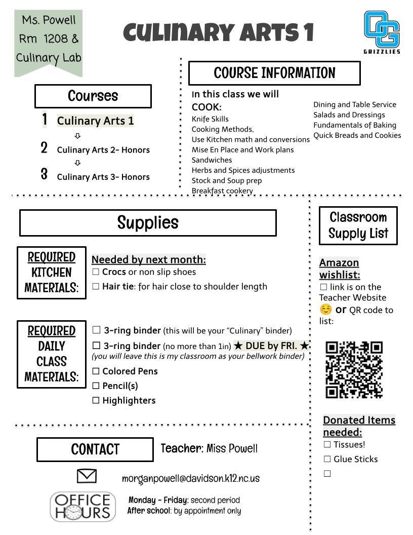 Culinary Arts and Hospitality 1 Syllabus and Required Materials List ...
