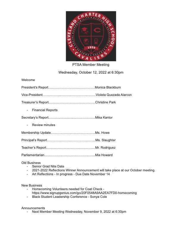 Upcoming PTSA Meeting – PTSA – Cleveland Charter High School