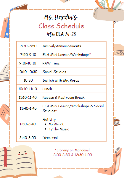 Ms. Hardin's Class Schedule – Liesl Hardin – Deepwater Elementary