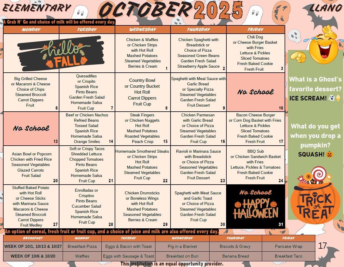 District Menus – Food & Nutrition – Llano Independent School District