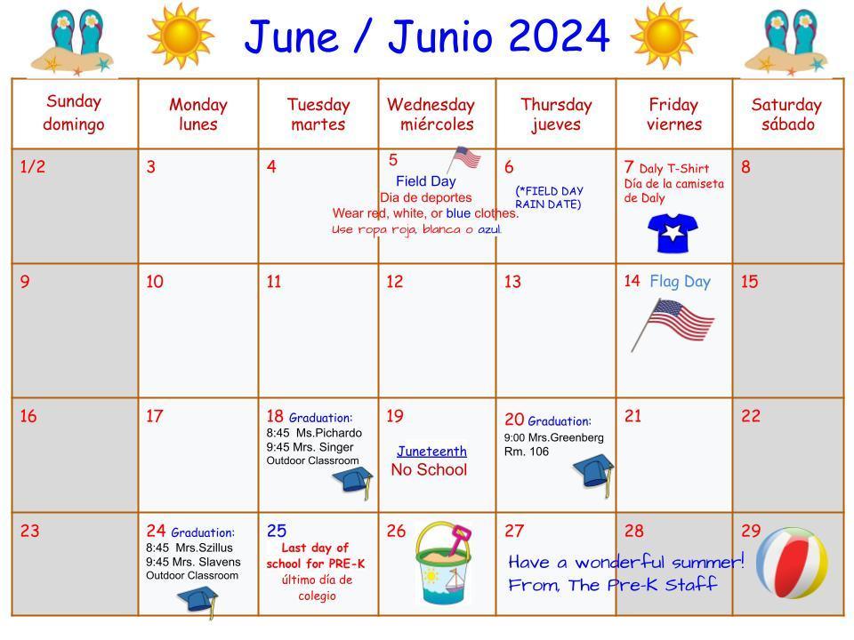 Pre-K Calendar - Pre-Kindergarten - John J. Daly Elementary School