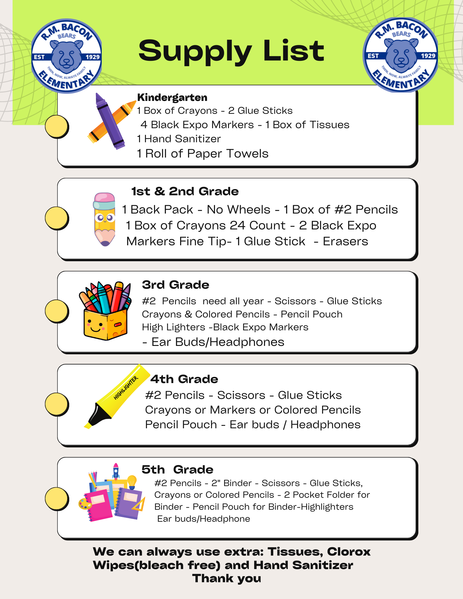 Kindergarten Orientation & School Supply List | R.M. Bacon Elementary