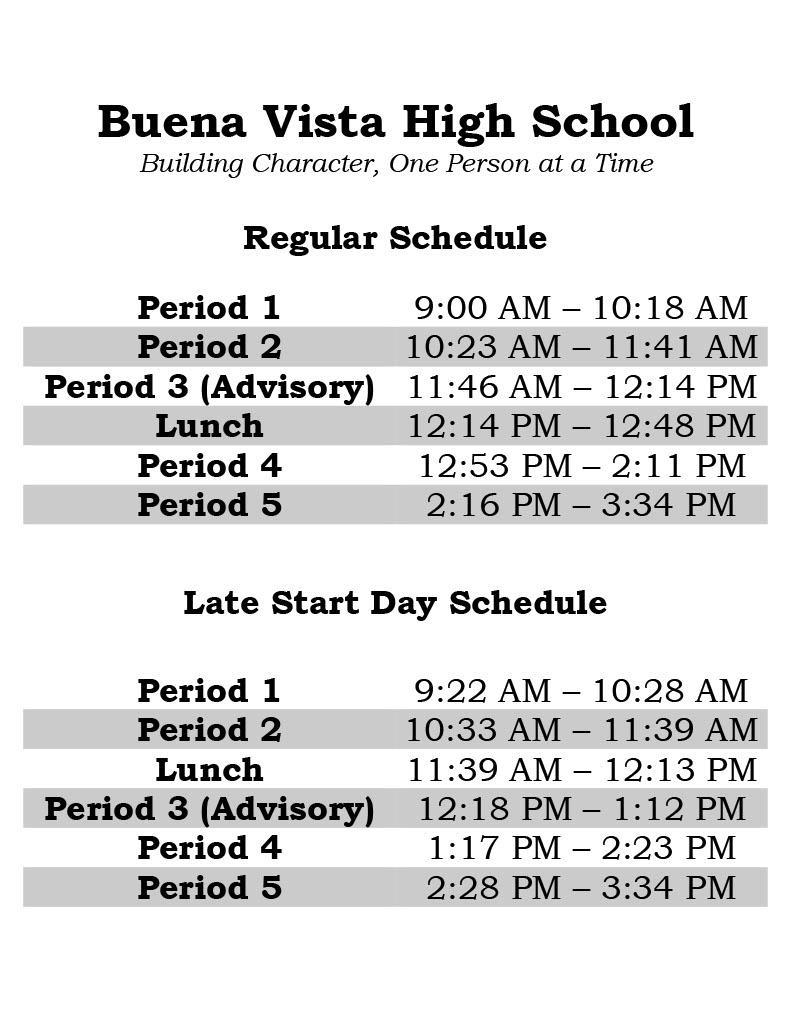 Bell Schedule Schedules Students Buena Vista High School