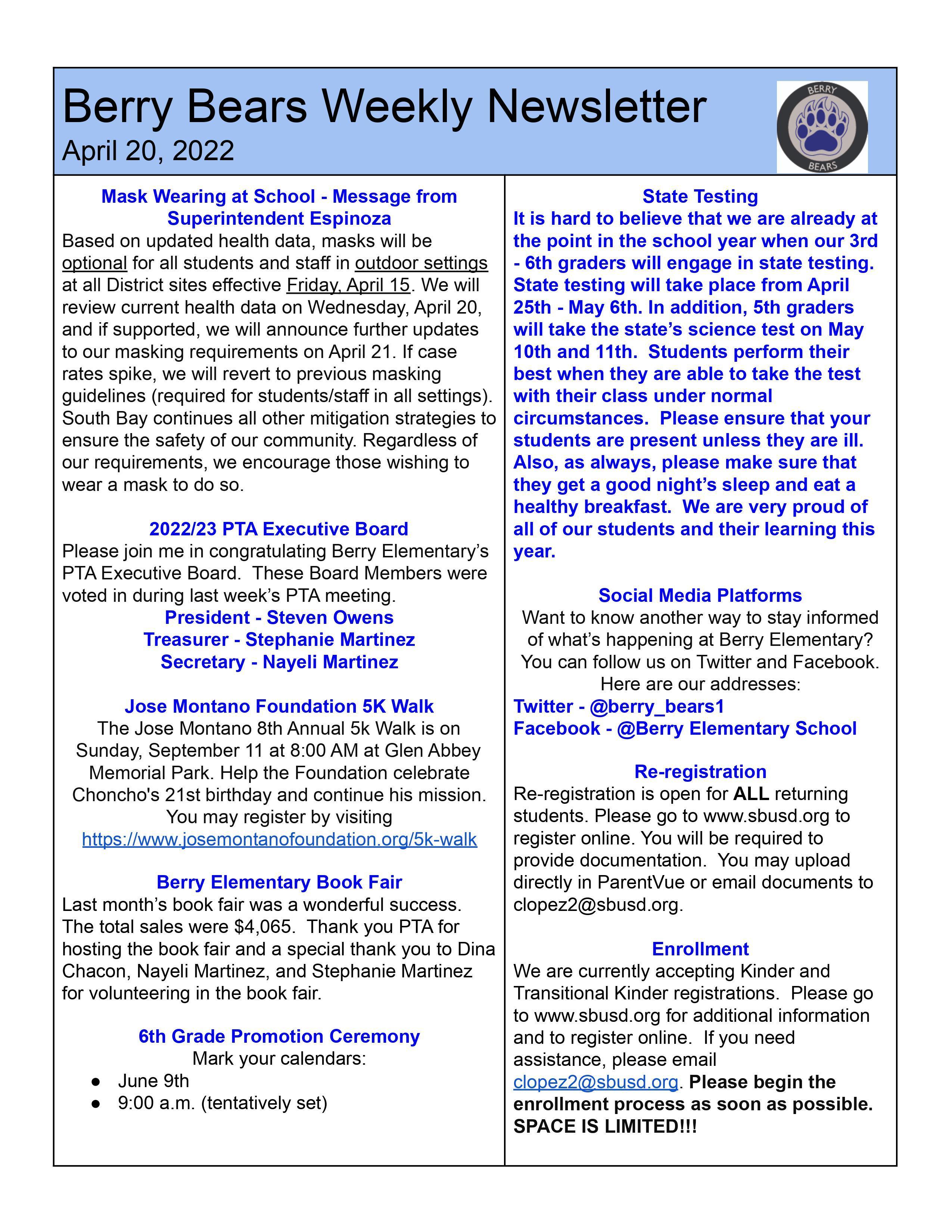 Bears Weekly Newsletter-042022 | Berry Elementary