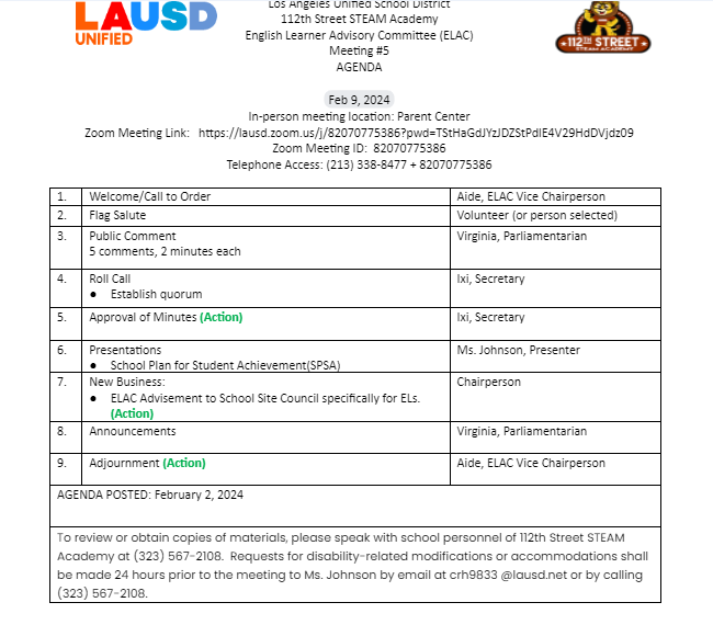 ELAC SPSA Agenda – PARENTS – 112th St. S.T.E.A.M. Academy