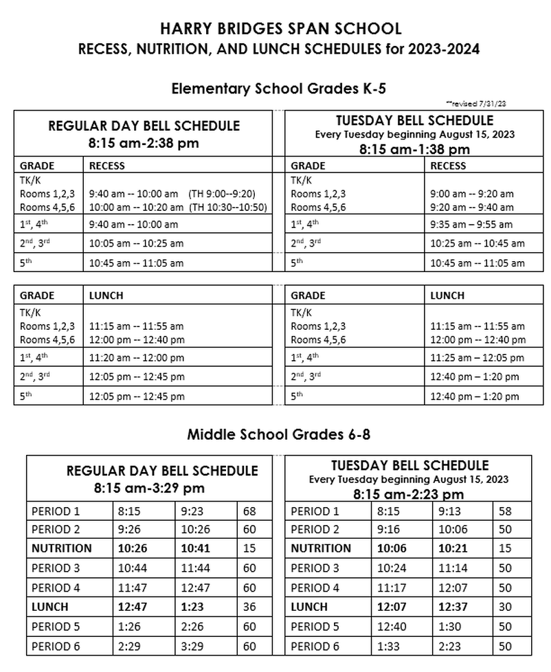 Bell Schedules – Welcome to the 2023-2024 School Year – Harry Bridges Span School