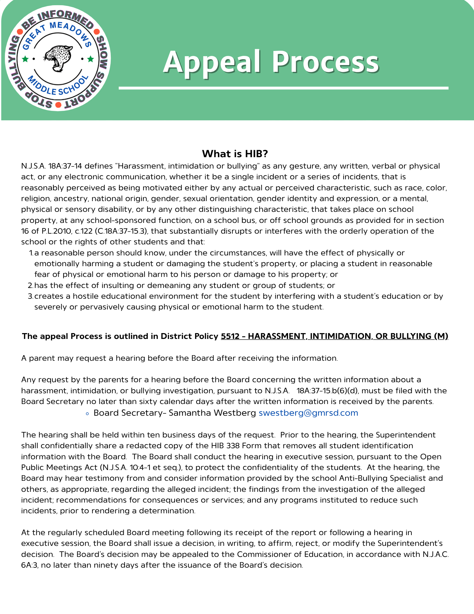 Appeal Process – HIB Information – Great Meadows Regional School District