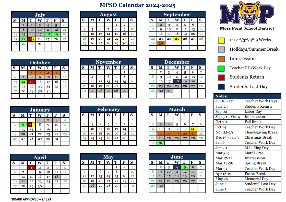 2024-2025 School Year Calendar | Escatawpa Upper Elementary School