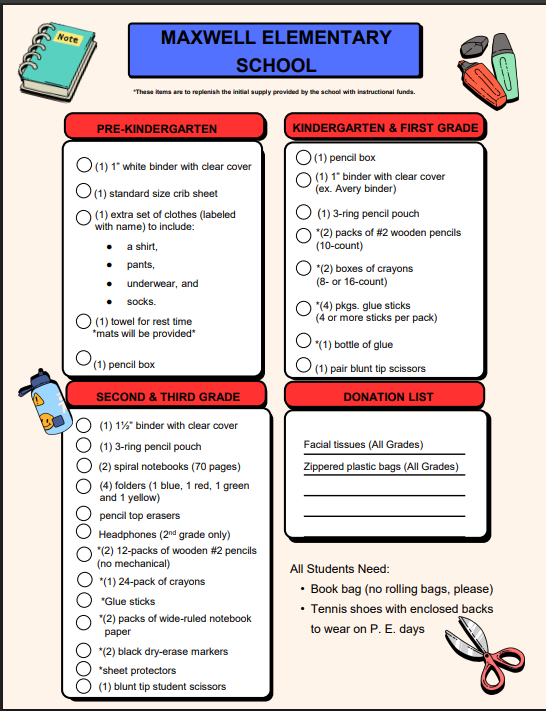 Second Grade Supply List – Ms. ReKiera Walker – Maxwell Elementary School