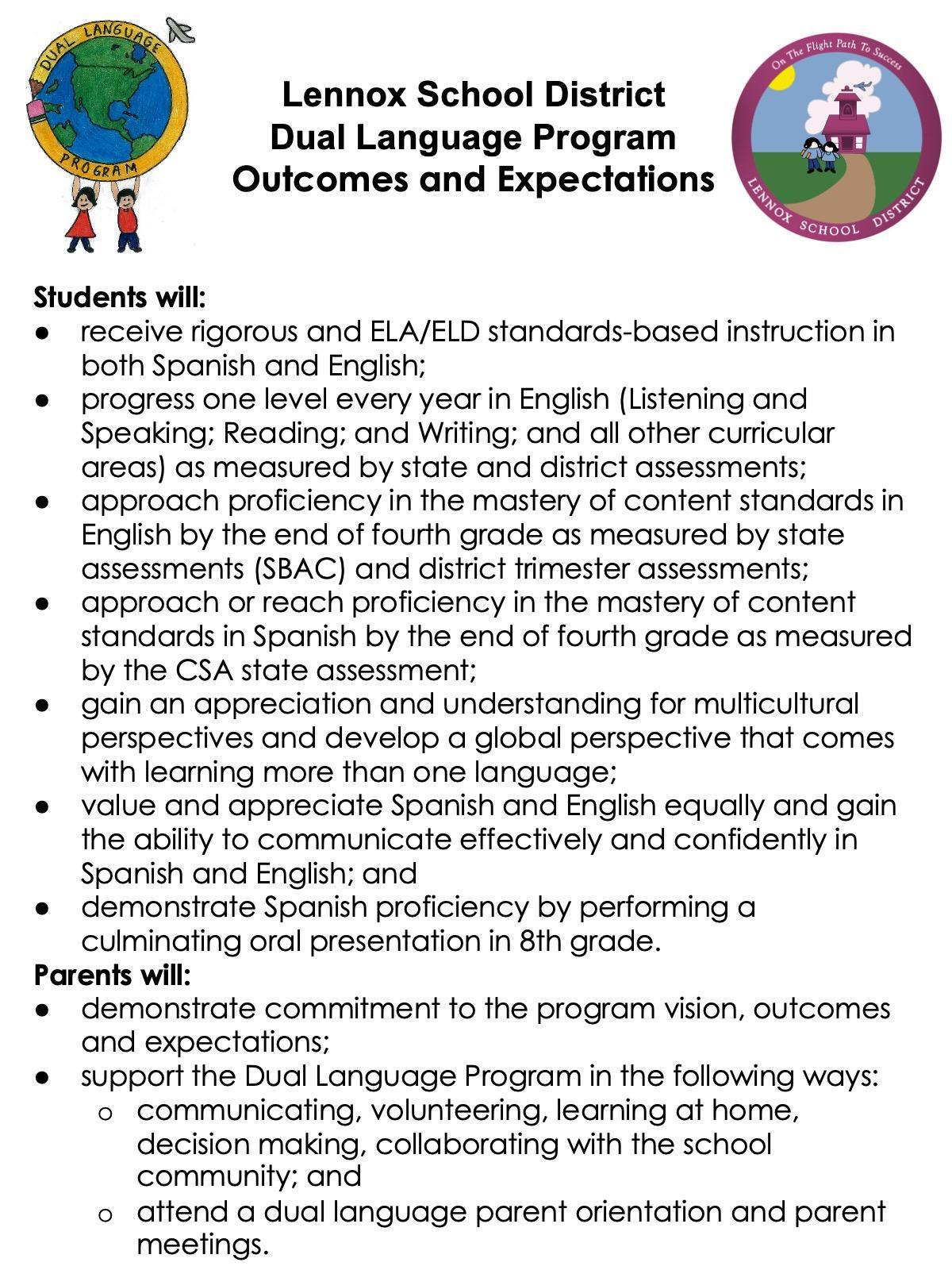 Program Outcomes and Expectations – Dual Language – Lennox School District