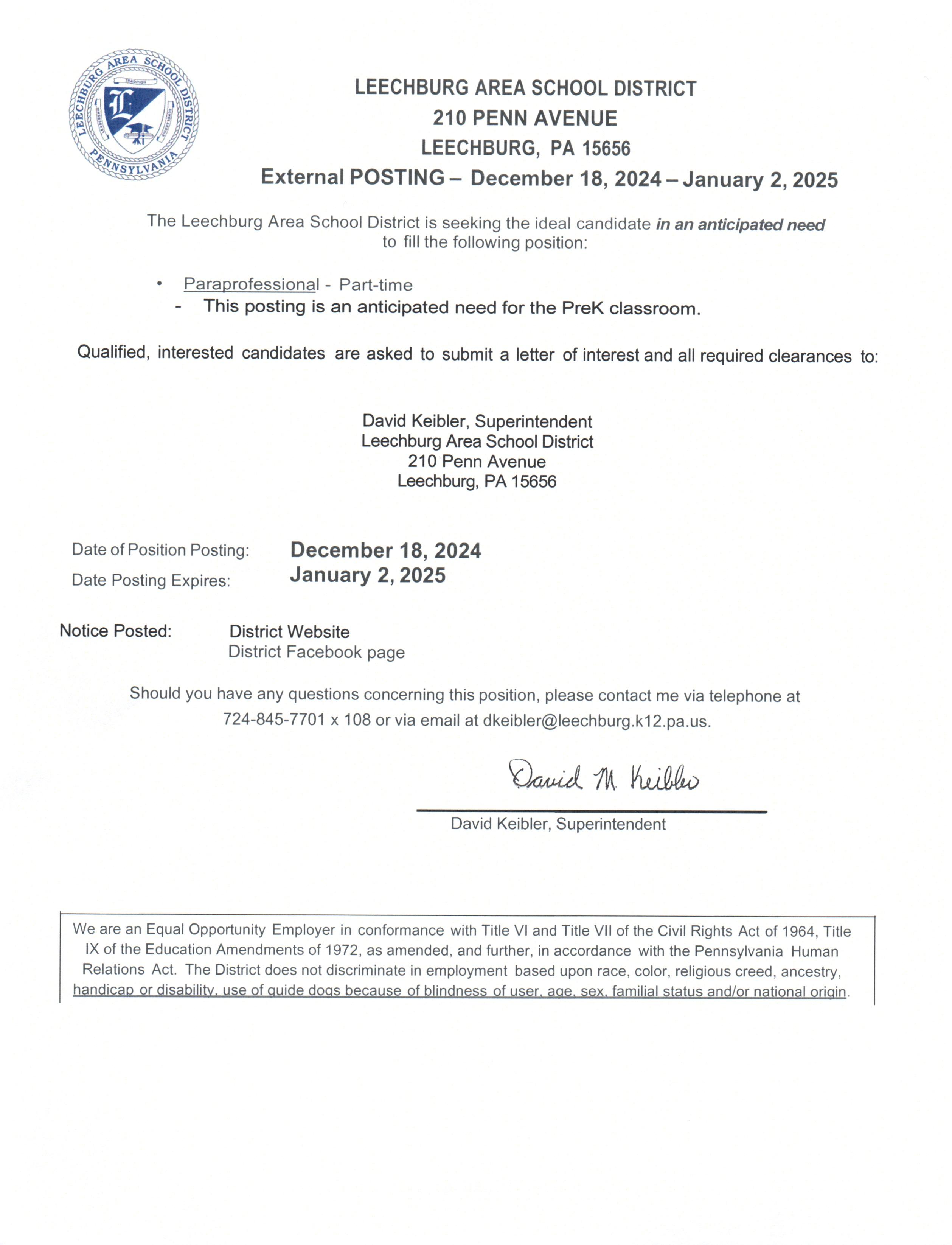 Employment Opportunities – Human Resources – Leechburg Area School District