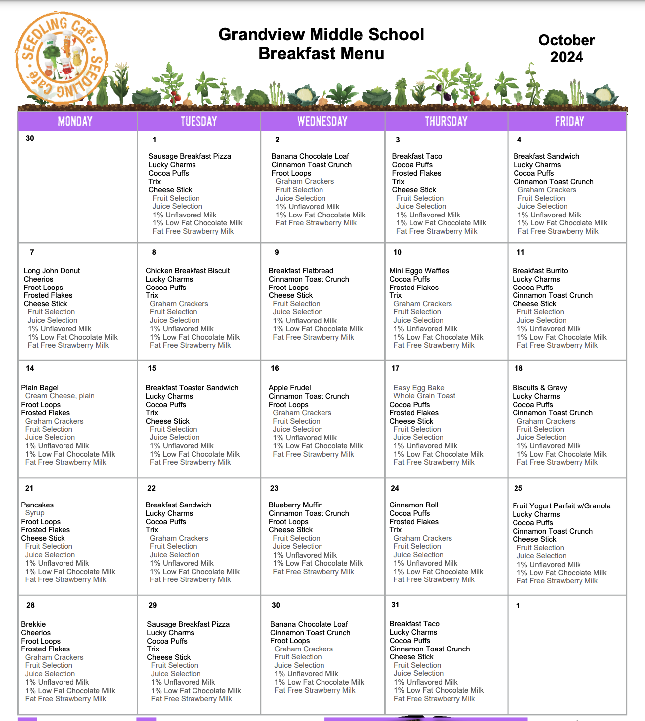 October Breakfast Menu | Grandview Middle School