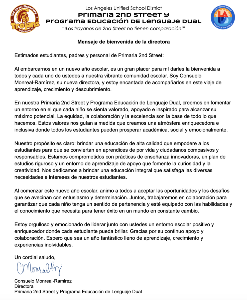 Principal's Message – Our School – 2nd Street Elementary