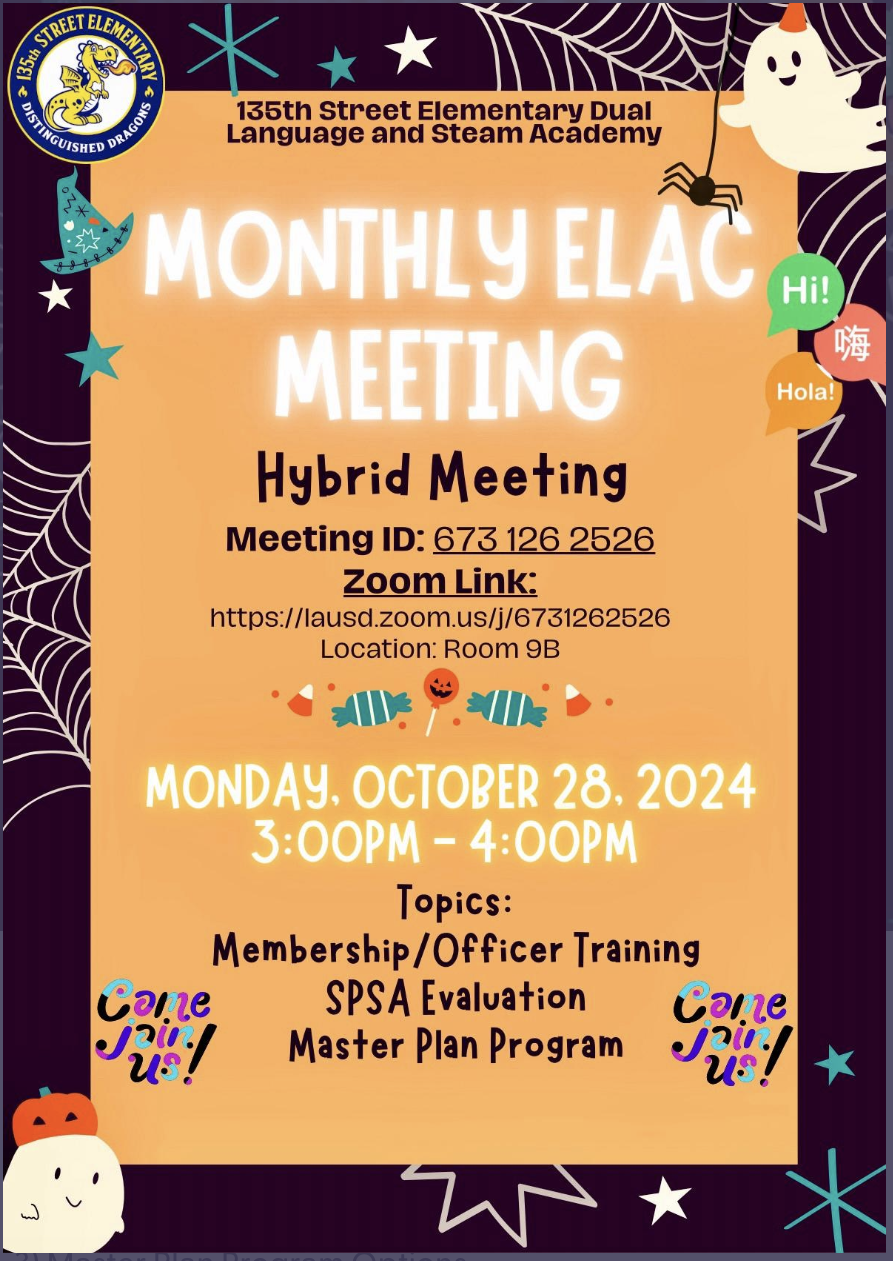 Monthly ELAC Meeting | 135th Street Elementary