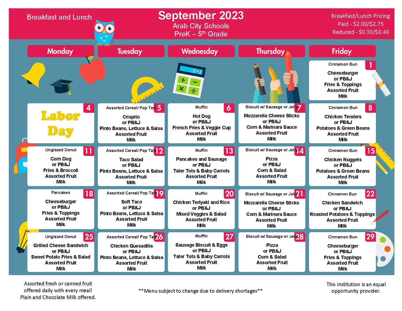 Menus – Child Nutrition Program – Arab City Schools