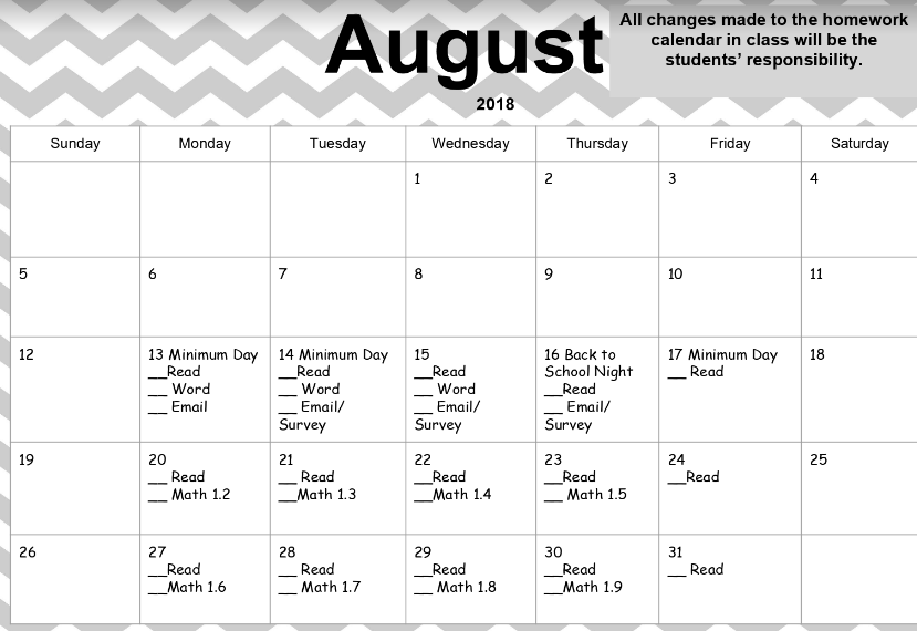 Monthly Homework Calendar | W.L. Valentine Elementary School