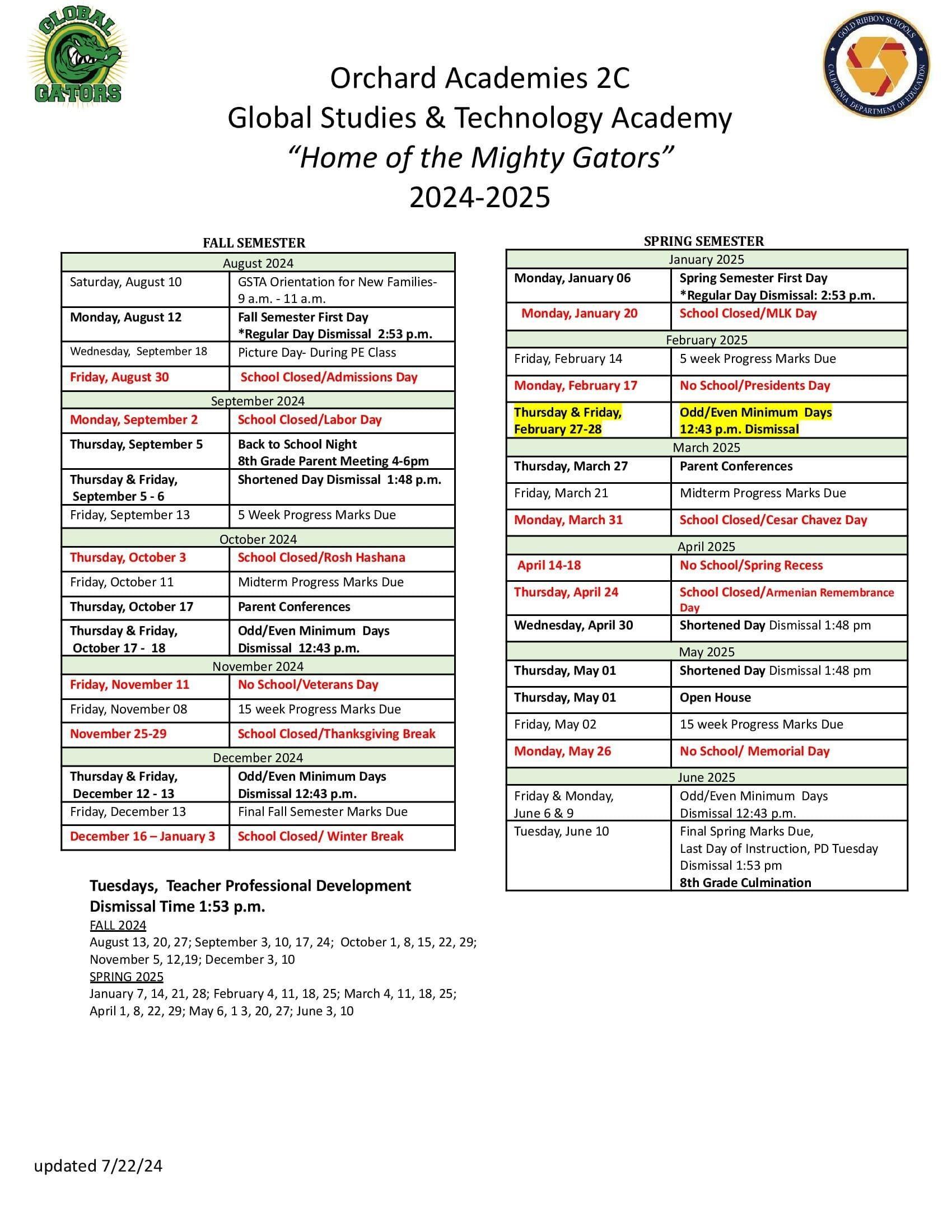 Bell Schedule & Calendar – Our School – Orchard Academies 2C