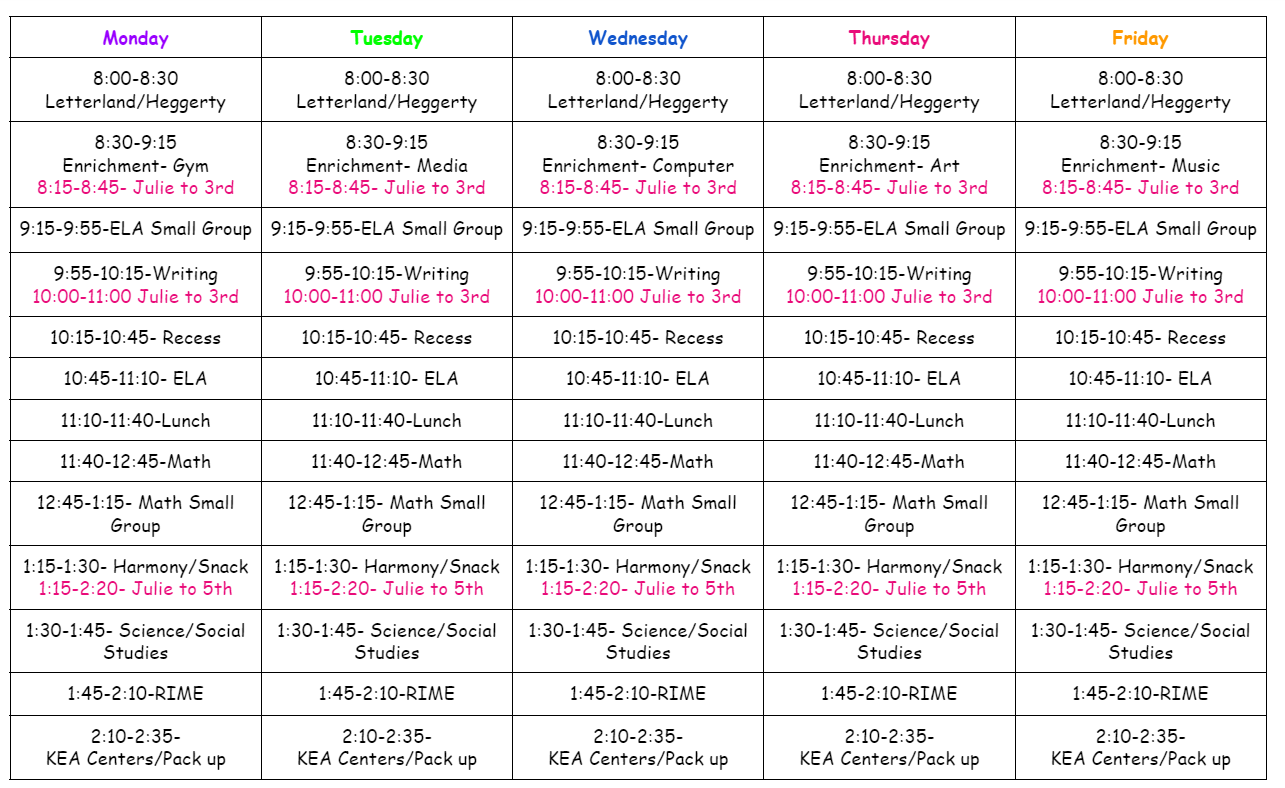 Class Schedule – Kristin Michael – Welcome Elementary School