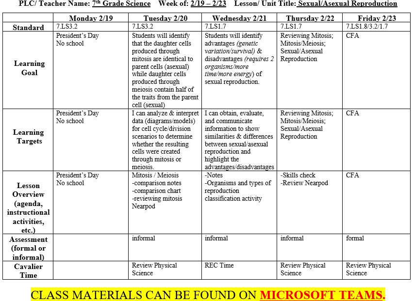 7C Science – Julie Melton – Siegel Middle School