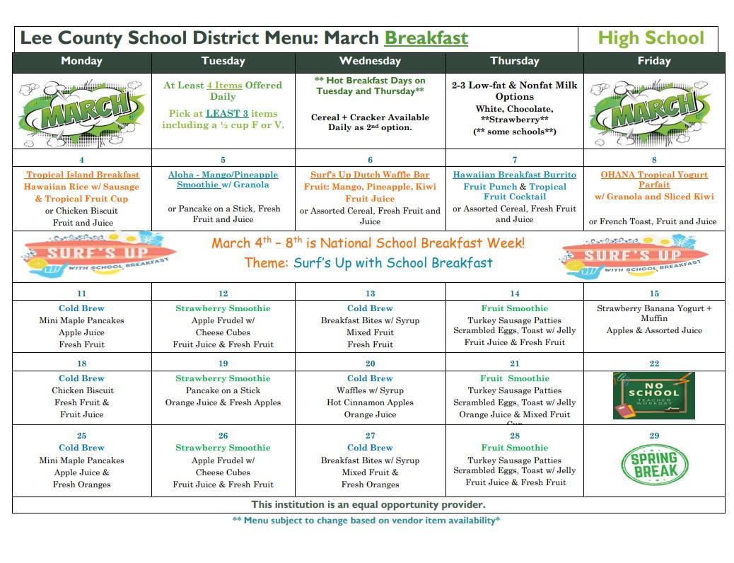MENUS – Child Nutrition and Food Service – Lee County School District