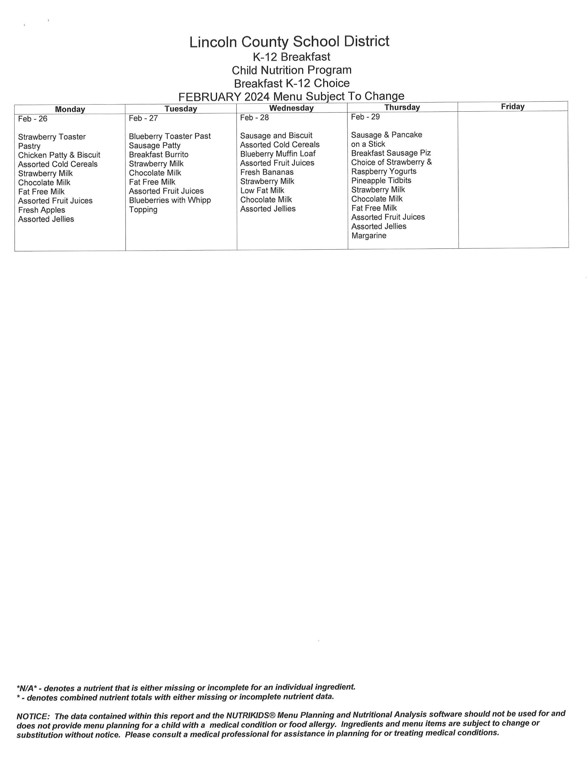 Breakfast & Lunch Menus – Child Nutrition Program – Lincoln County ...