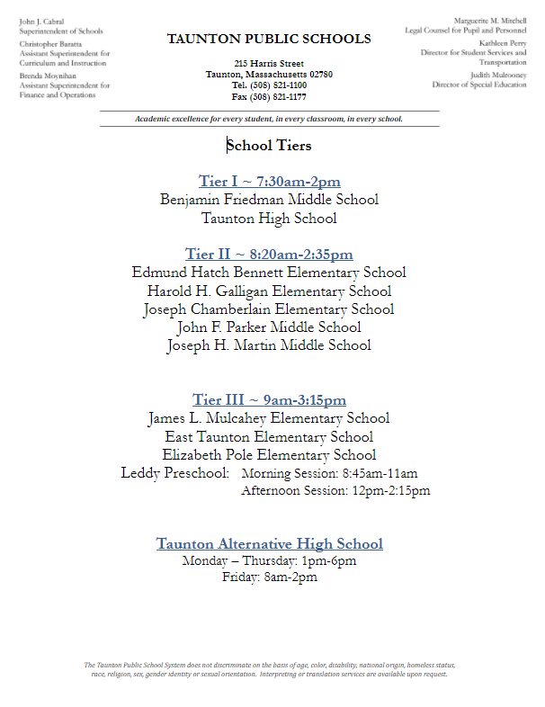 School Times and Tiers – Families – Taunton Public Schools