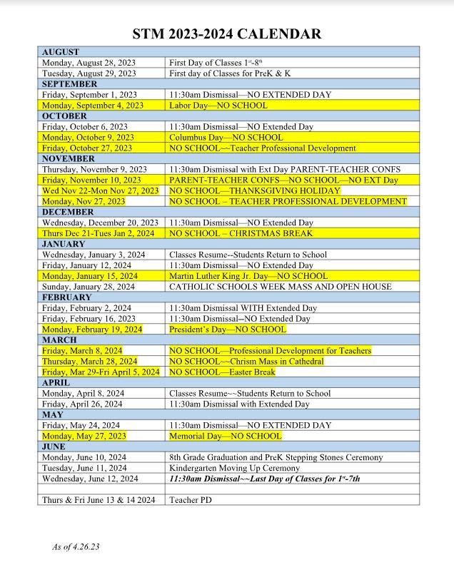 2023 2024 School Calendar St Thomas More Cathedral School