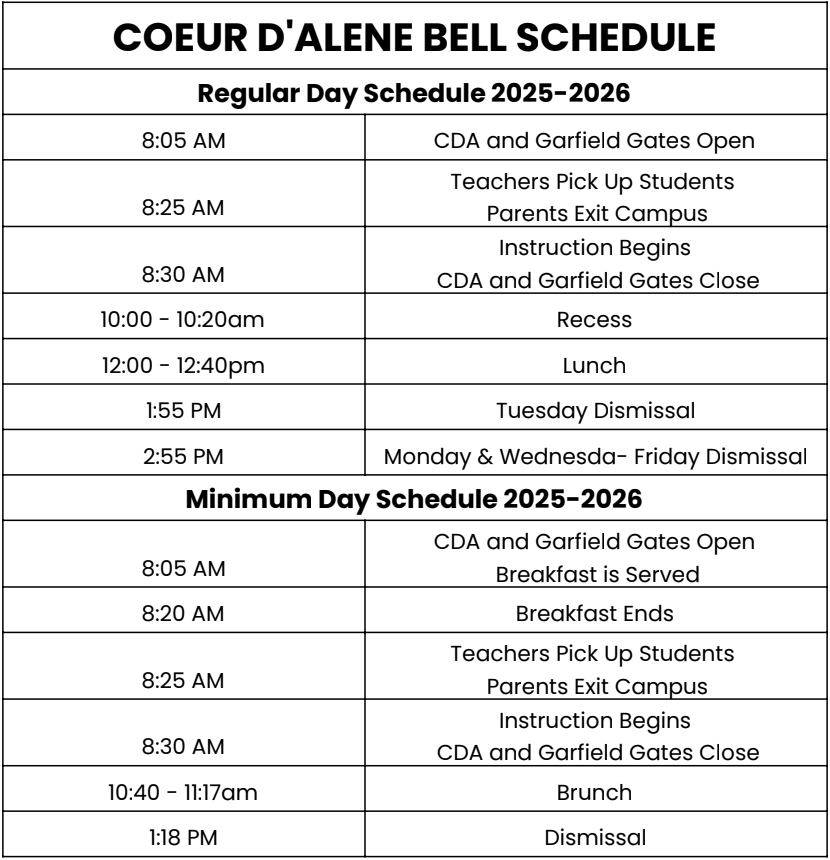 Bell Schedule – About CDA – Coeur d'Alene Avenue School for Advanced ...