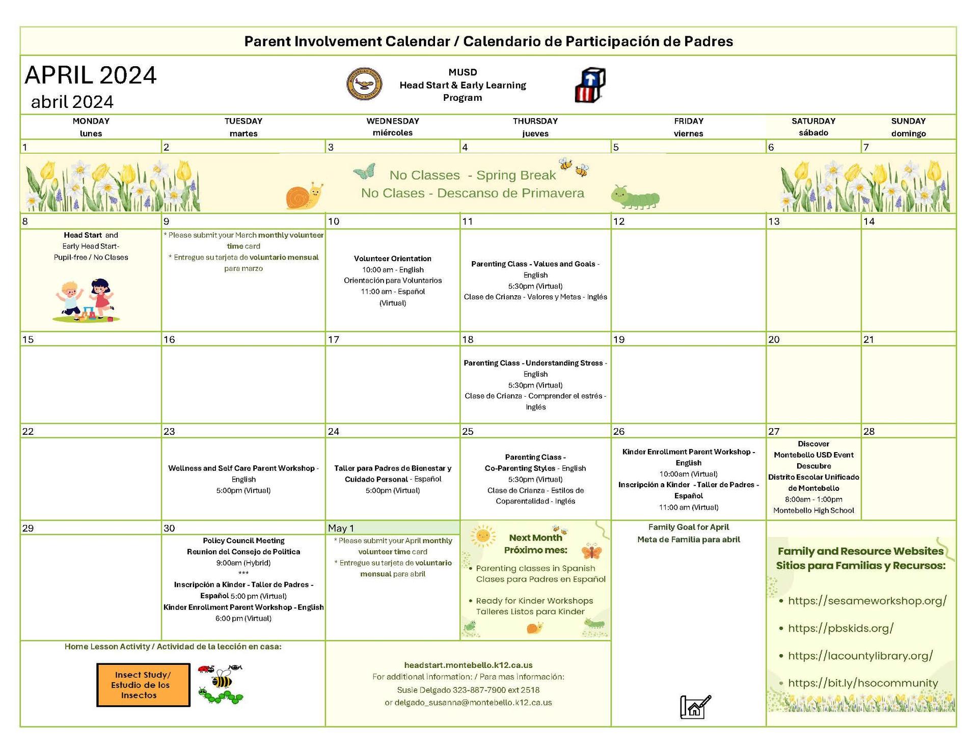 Parent Participation Calendar and Parent Events – Parents – Head Start ...