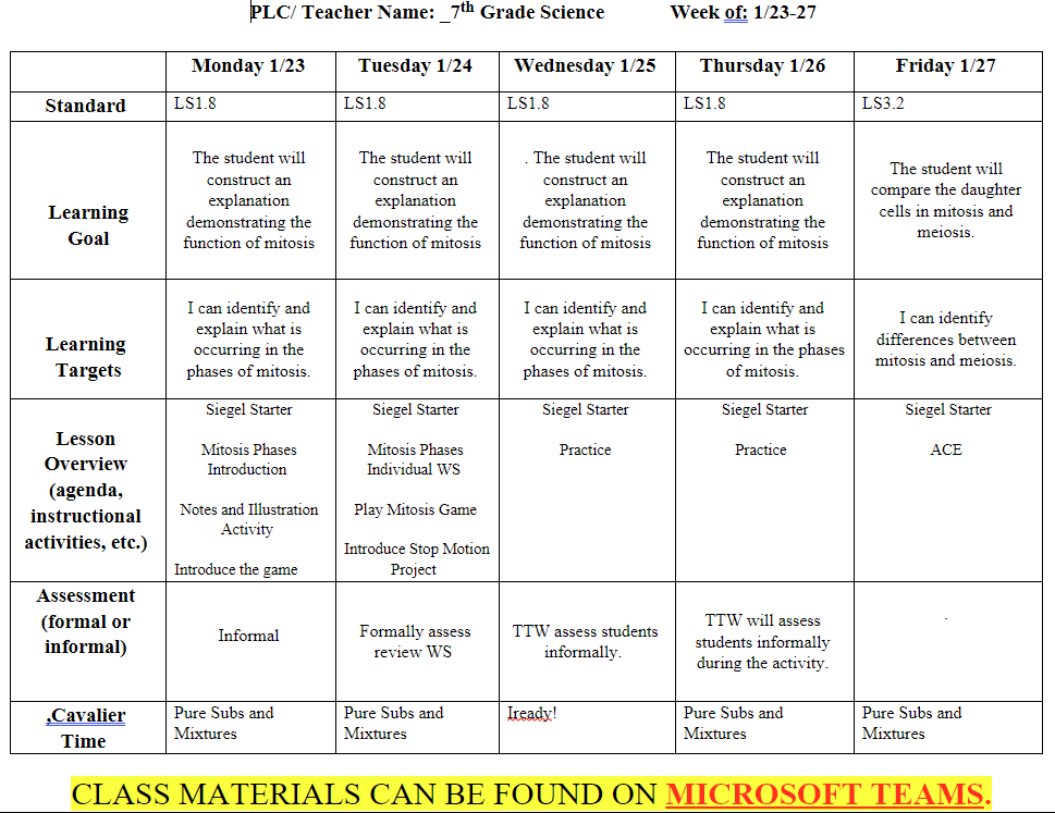 7C Science – Julie Melton – Siegel Middle School