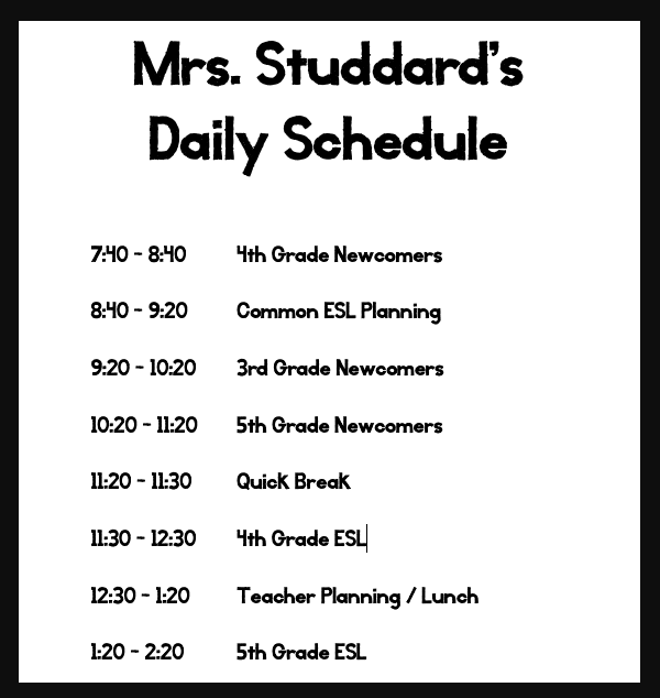 Daily Class Schedule – Mrs. Ola Frances Studdard – Smyrna Elementary School
