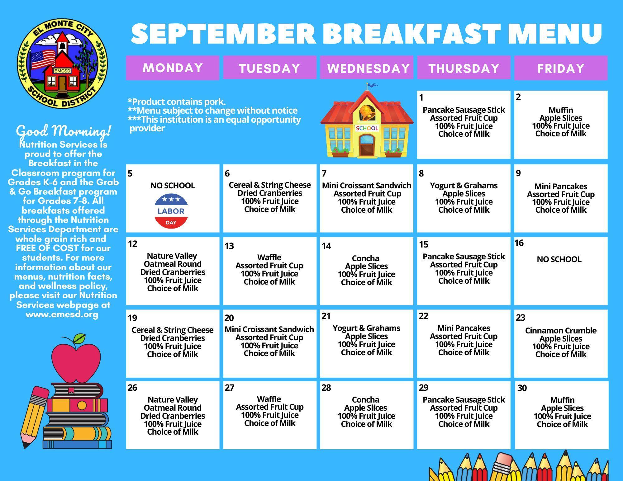 Menus & Meal Programs – Nutrition Services – El Monte City School District