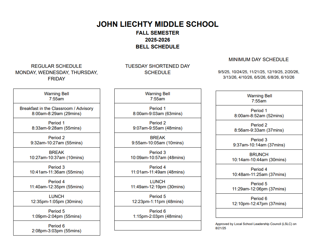 Bell Schedule – School Info – John H Liechty Middle School