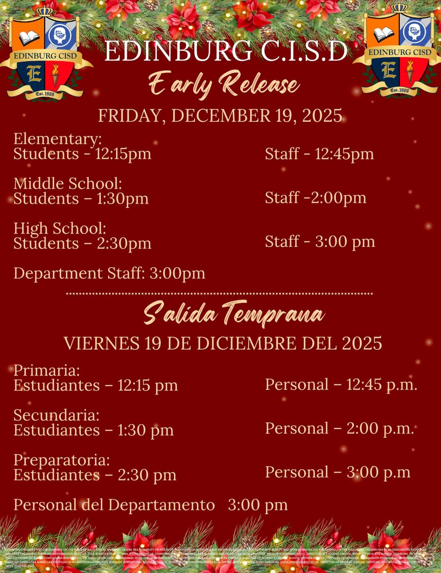 December 19th Early Release Schedule – Banner Files – Edinburg ...