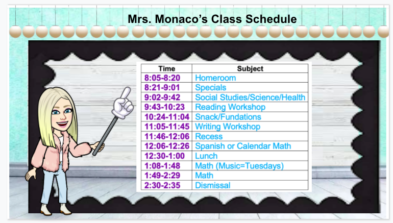 Mrs. Monaco's Special Area and Class Schedules – Alyssa Monaco – Greenville School