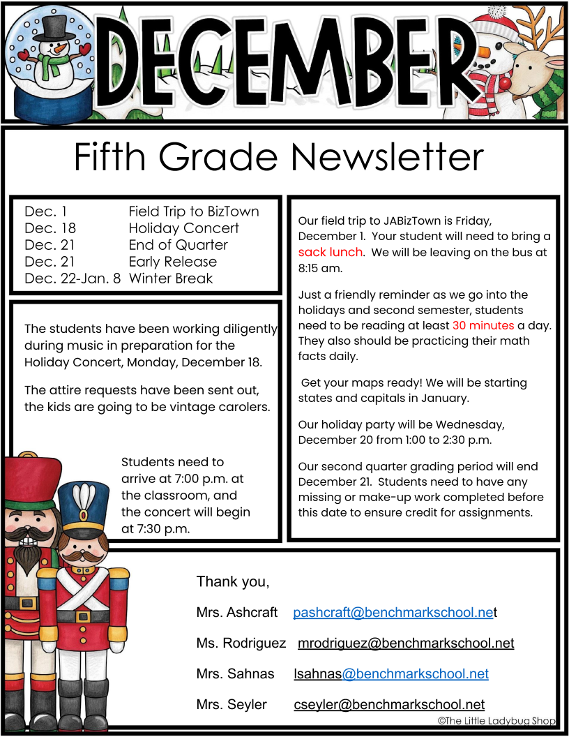 Newsletters – 5th Grade – Benchmark School