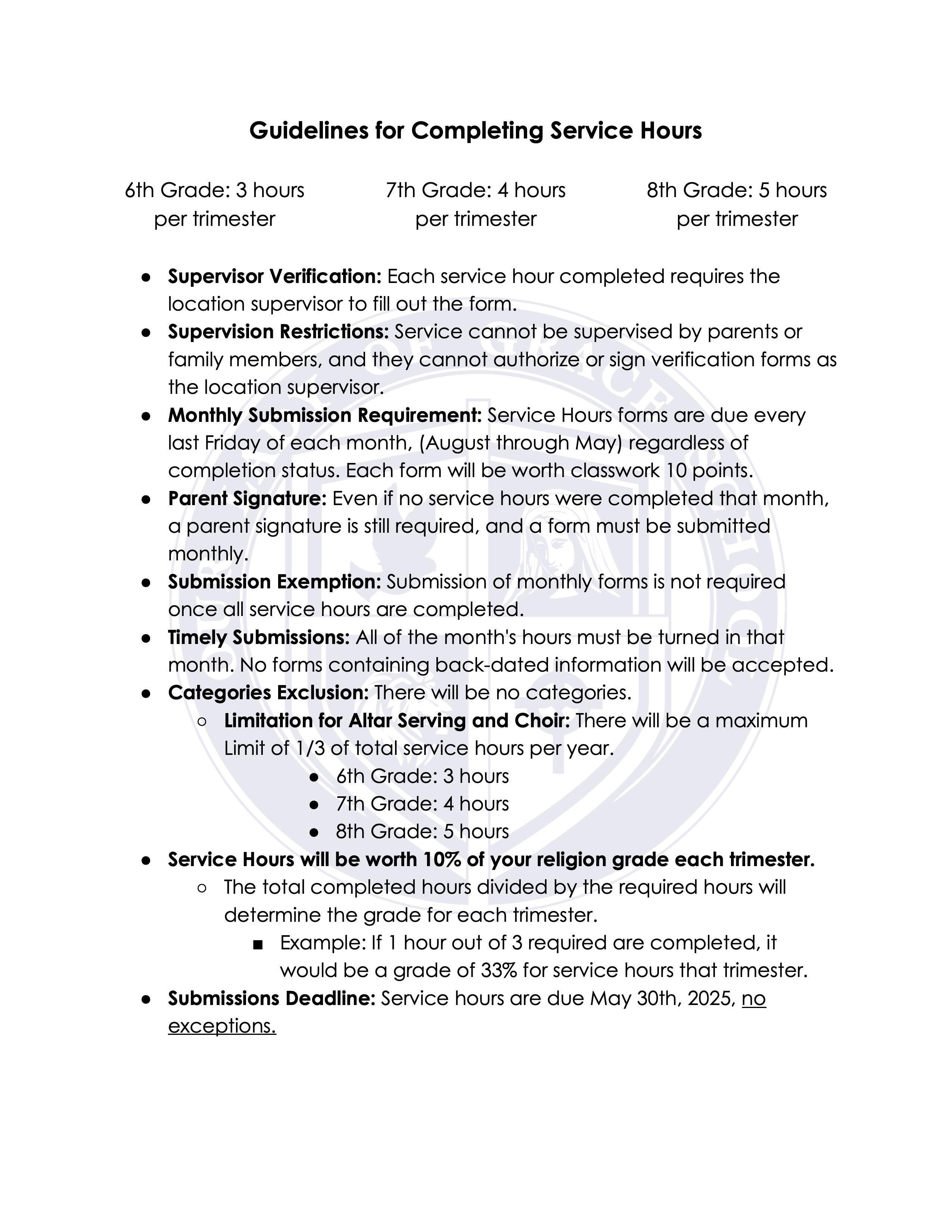 Christian Service Hours – 8th Grade – Our Lady of Grace School